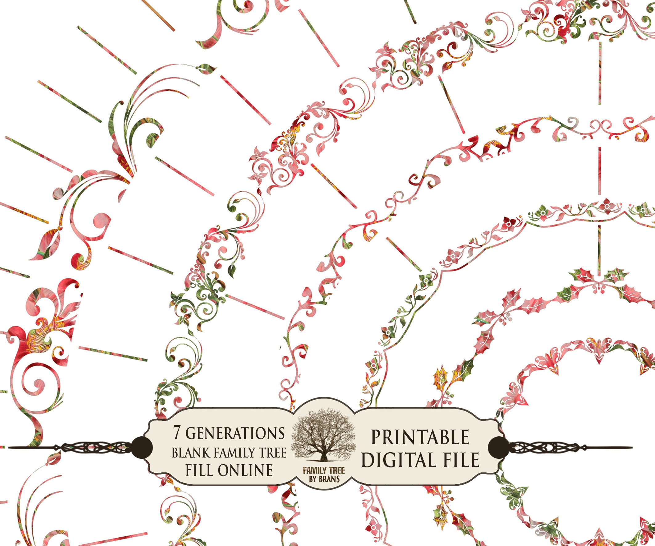 Pink Colorful Ancestry Family Tree Template Chart 7 - Etsy