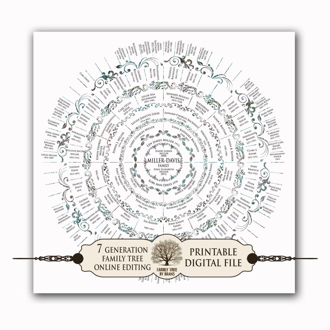 Blue Brown Grey Ancestry Family Tree Template Chart 6 or 7 | Etsy