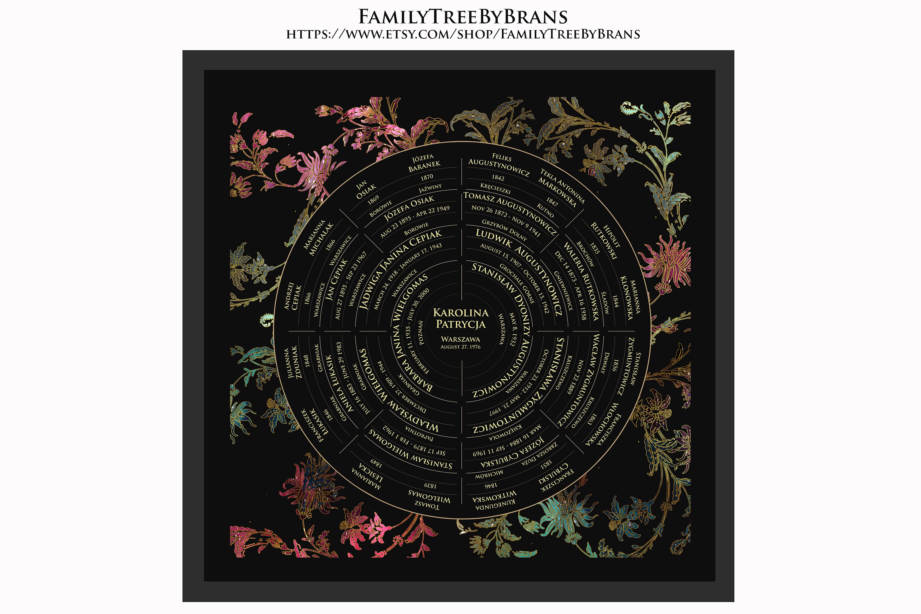 Black Gold Flower Ancestry Family Tree Template Chart 5 - Etsy