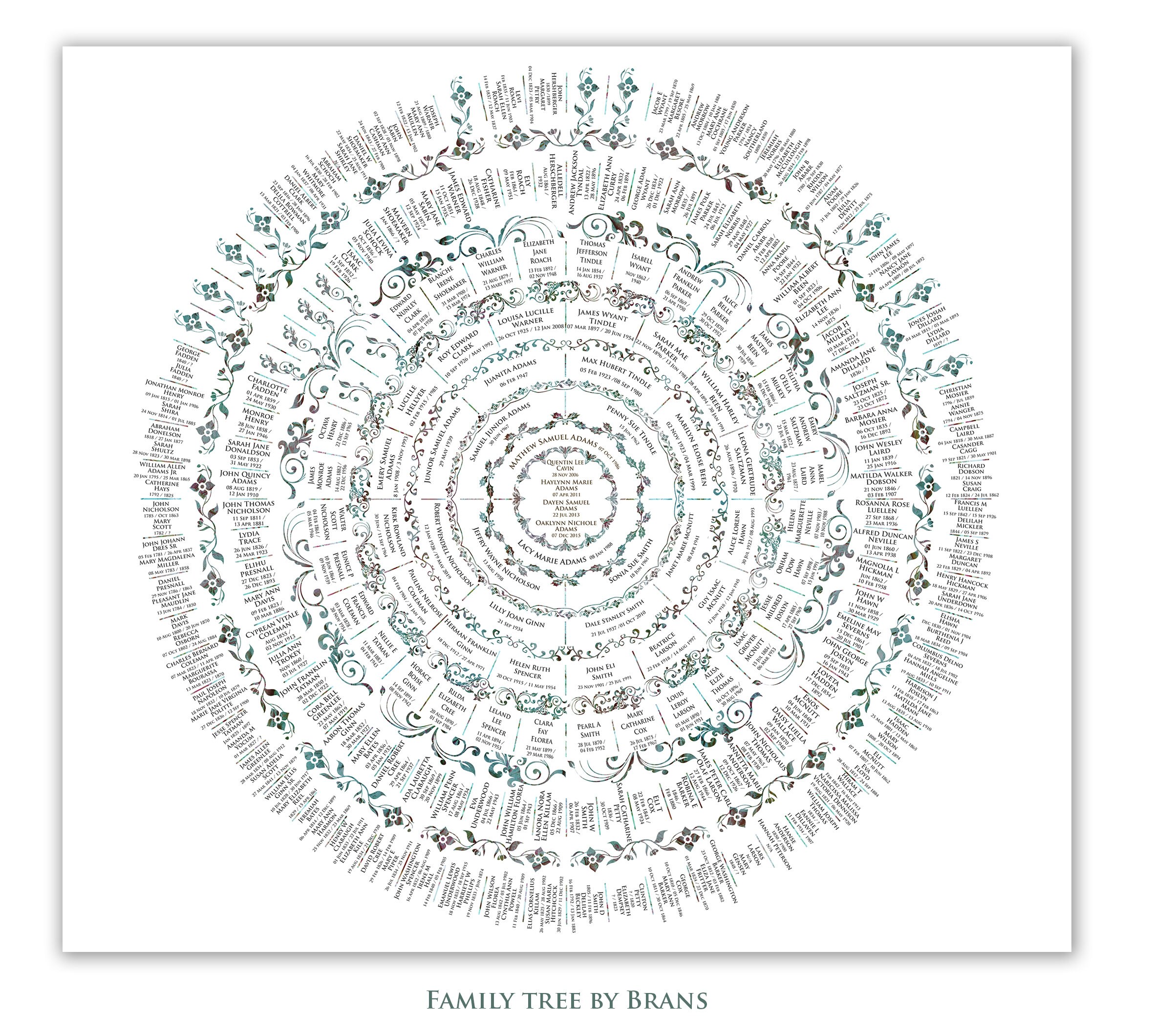 Large Blue Brown Family Tree With Ornament Rings. Personalized - Etsy