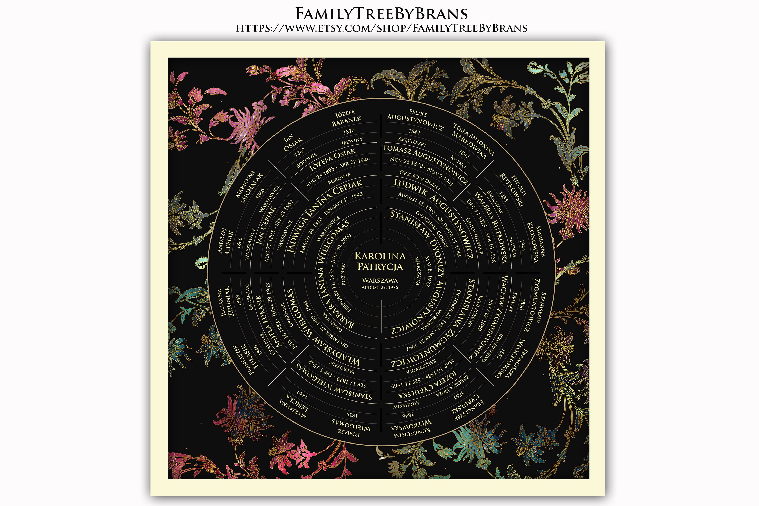 Black gold flower ancestry family tree template chart 5 | Etsy