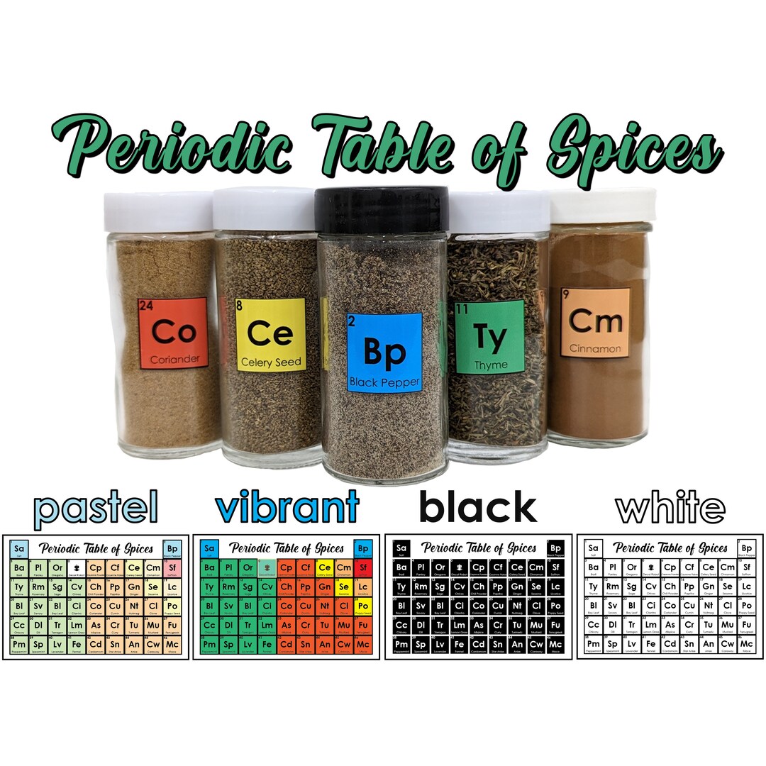Periodic Table of Spices - Spice Jar Labels 1" Square Vinyl Sticker ...