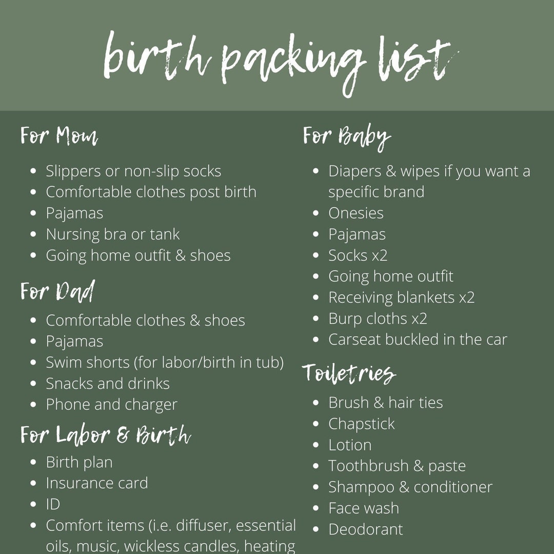 Birth Bag Packing List, Editable Birth Bag Packing List, Hospital Bag ...