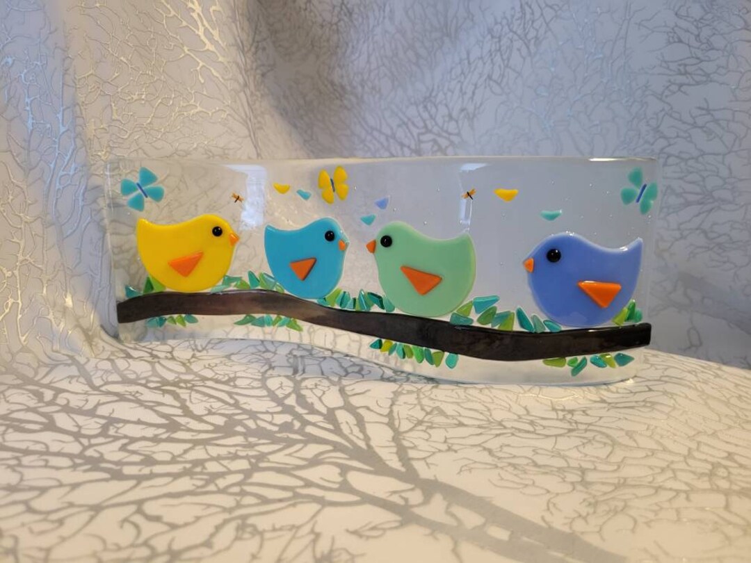 This Fused Glass Suncatcher is Birds on a Branch and Slumped on a Wave ...