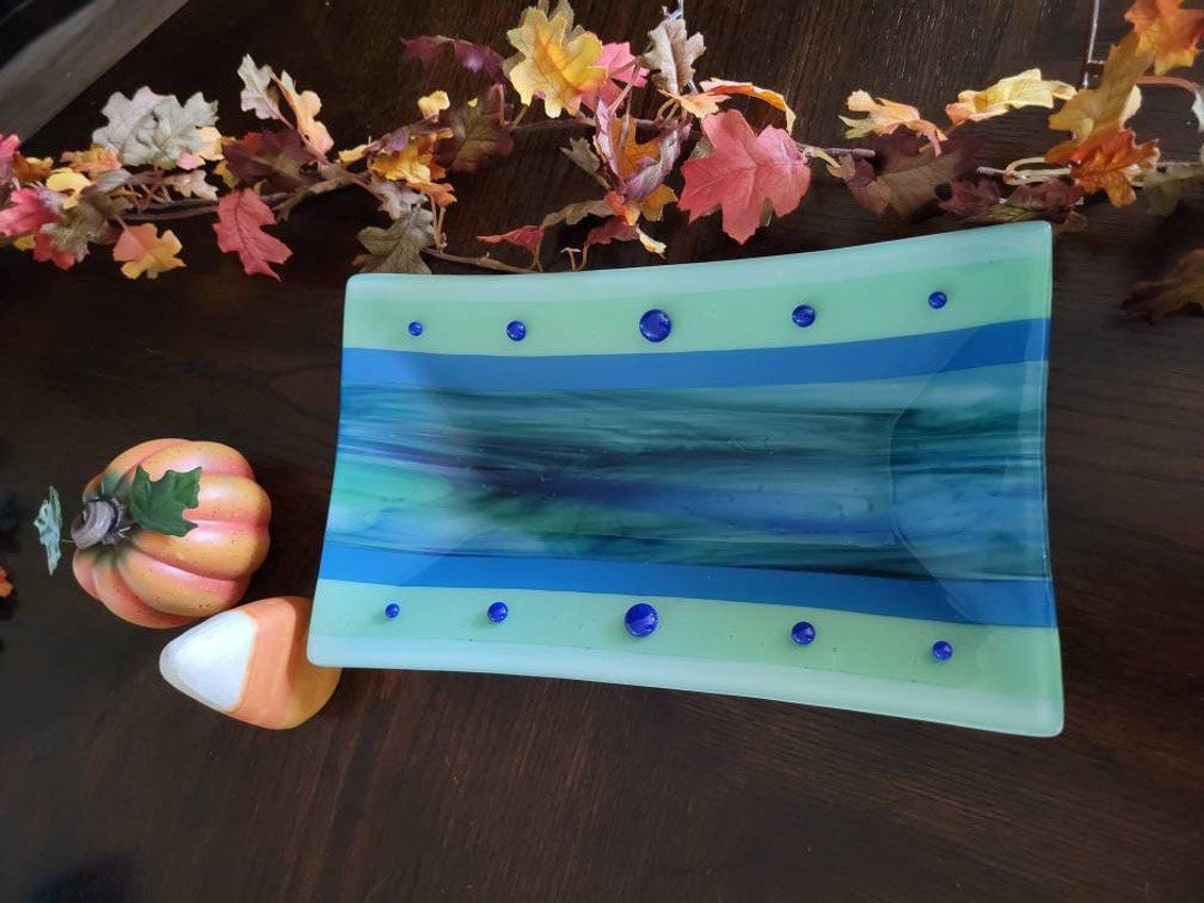 Fused Glass Rectangle Bowl Made With Green and Blue Wispy Glass in ...