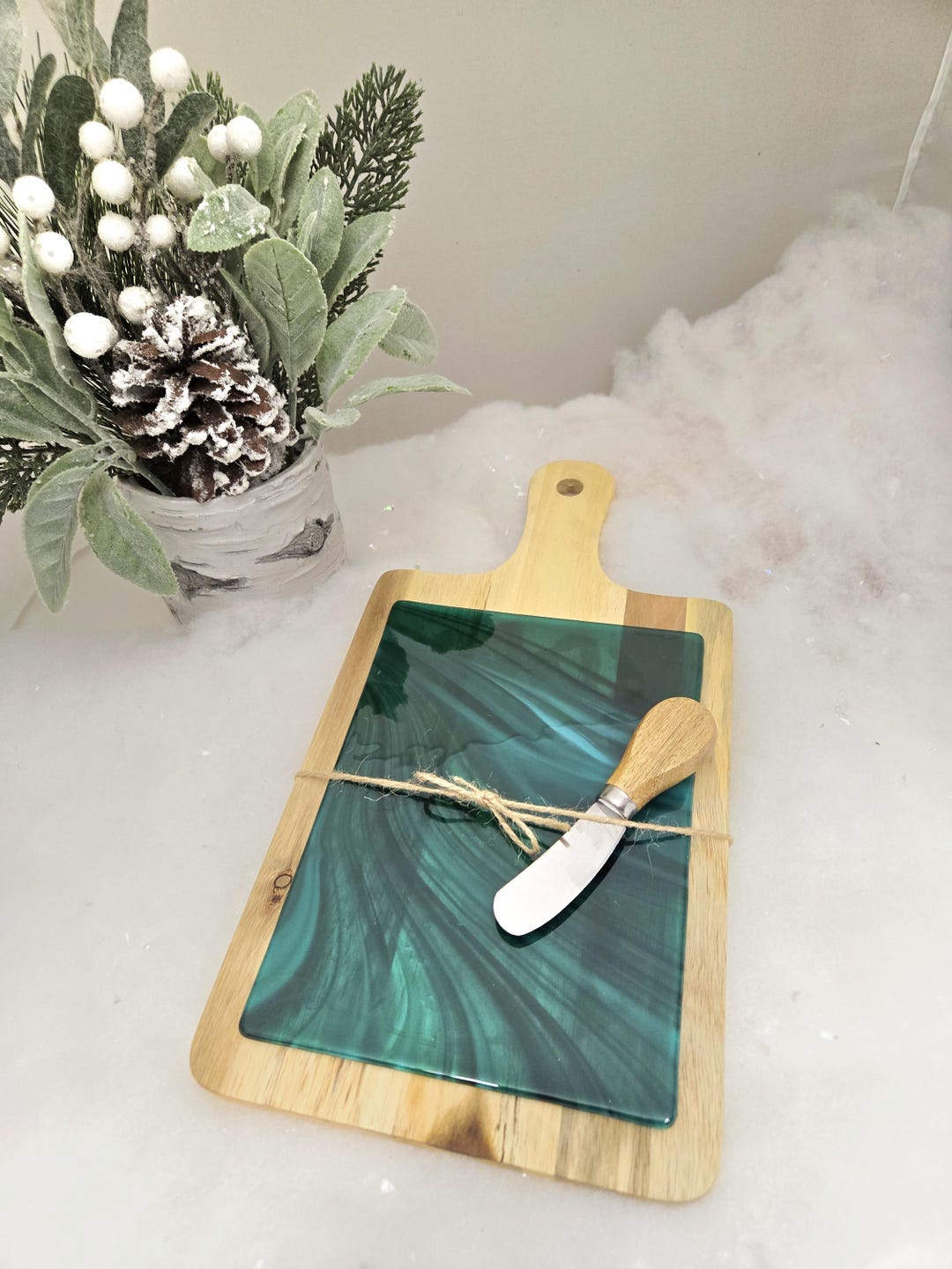 Green and White Glass Topped Acadia Wood Cutting Board With Matching ...