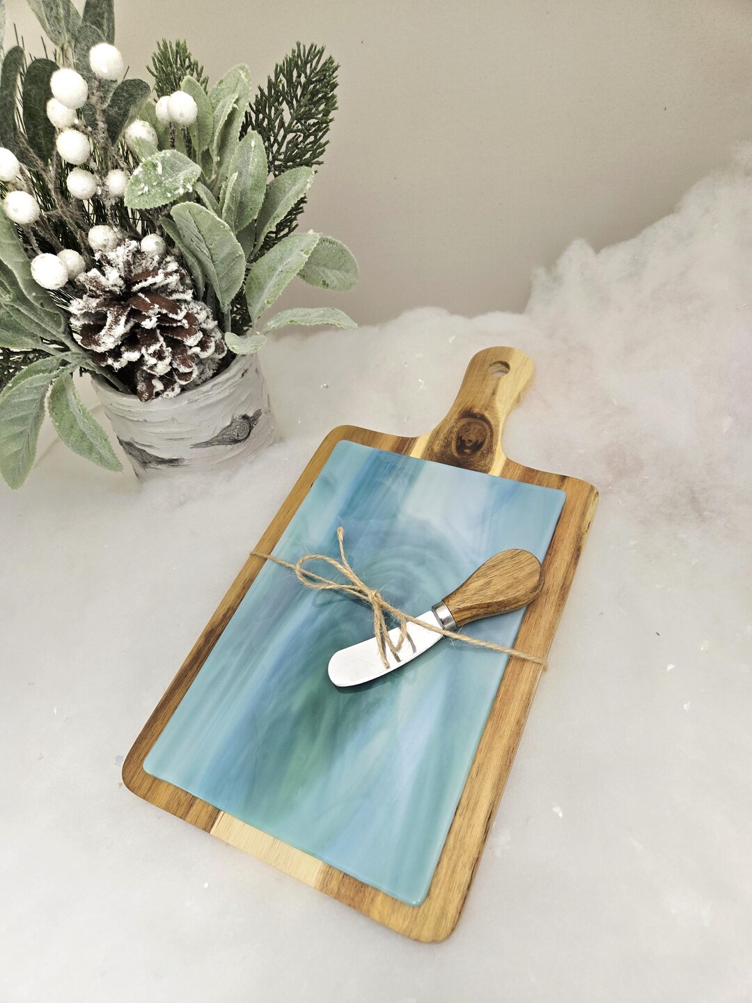 Light Blue and Light Green Glass Topped Acadia Wood Cutting Board With ...