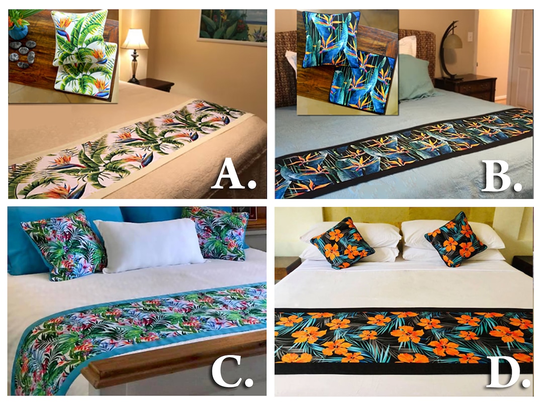 Tropical Palm Bed Runner With Matching 2 X 40cm Cushion Cover for King ...