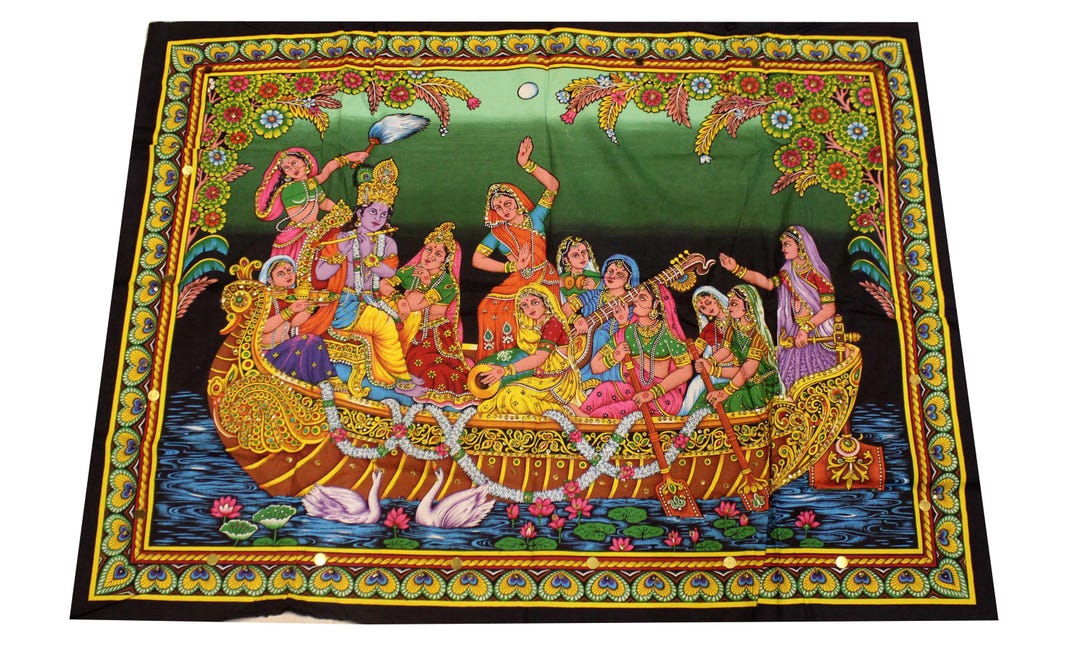 Lord Krishna Playing Flute in a Boat With Gopis Radha Krishna With ...