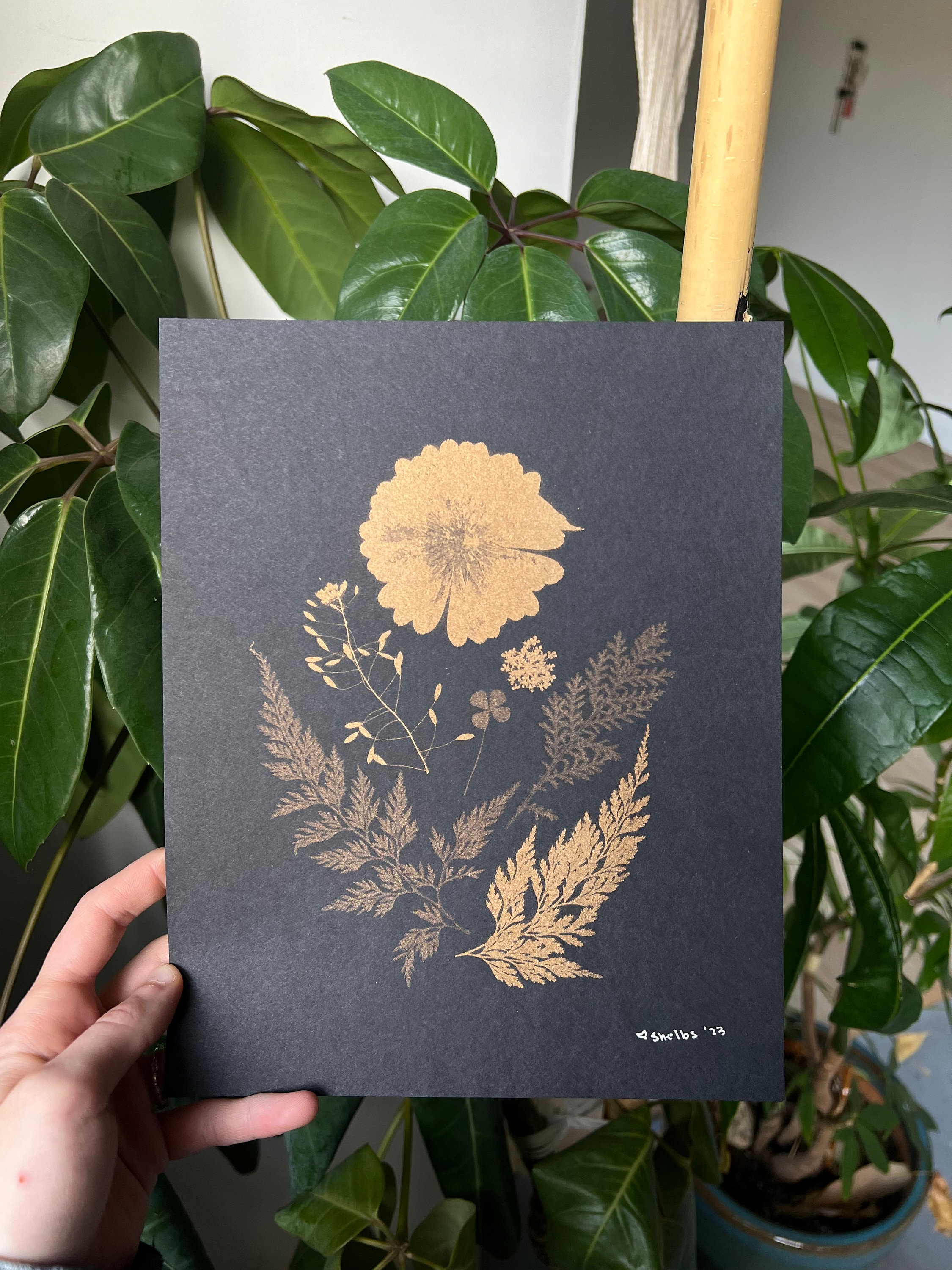 Pressed Flower Risograph Print- Gold on Black - Etsy