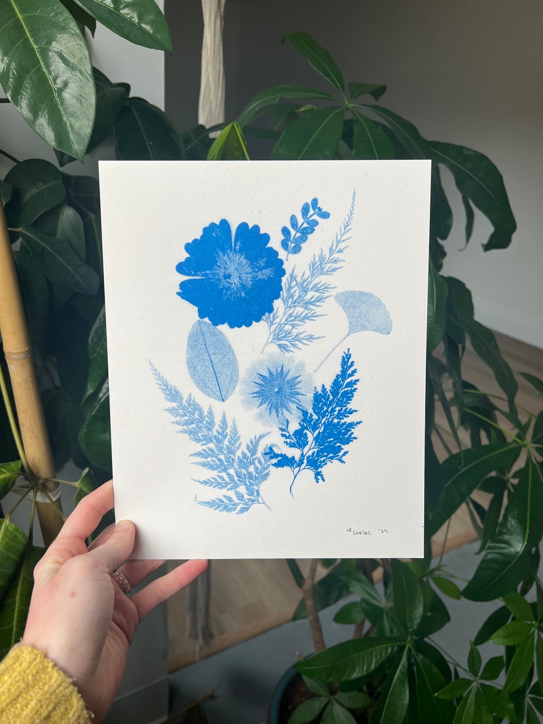 Pressed Flower Risograph Print- Blue, Gold, or Gold on Black - Etsy