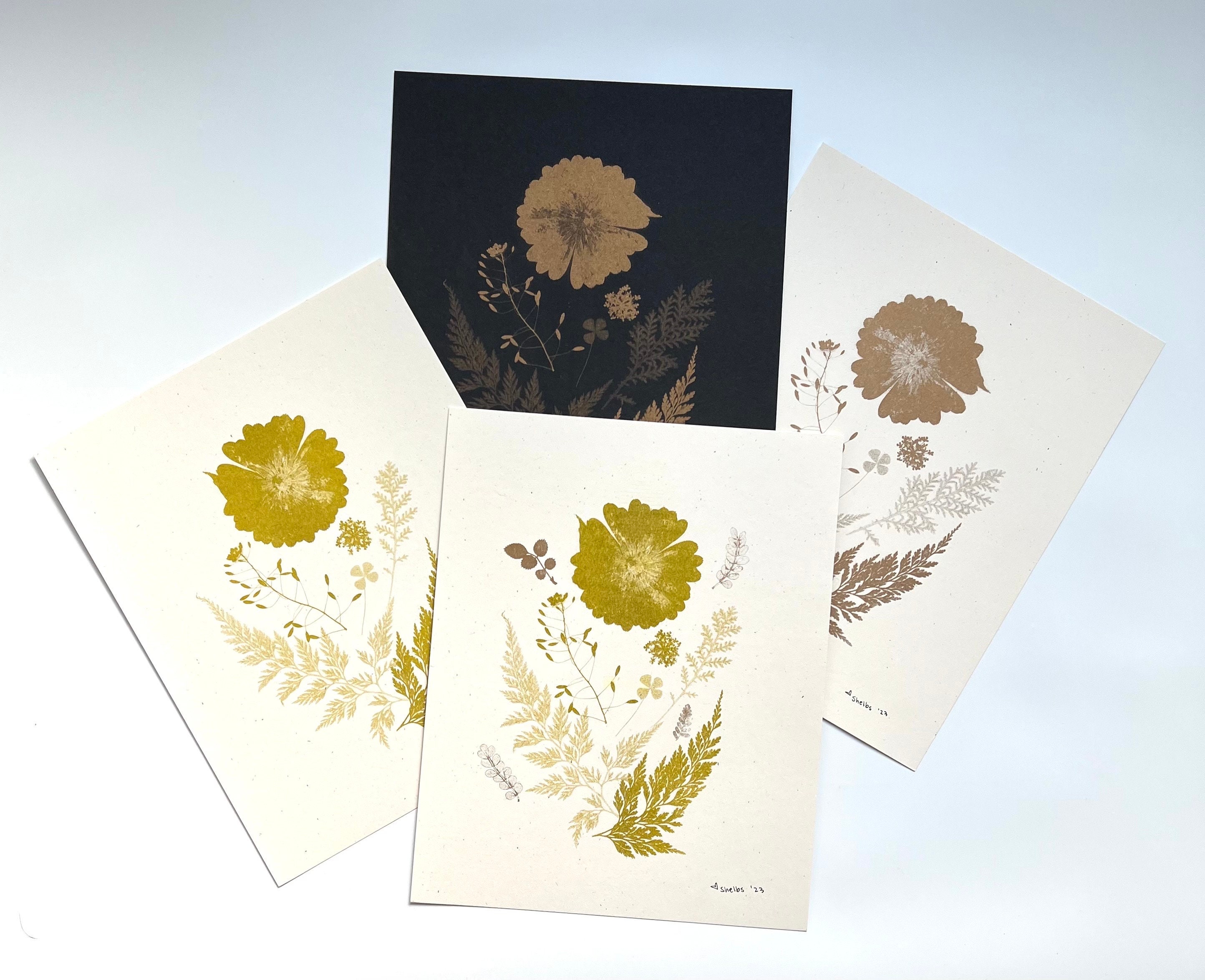Pressed Flower Risograph Print- Gold on Black - Etsy