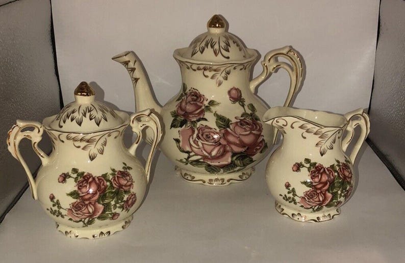 Cottage Core 3 Piece Tea Set Porcelain Pink Rose Pattern Gold Accent - Etsy