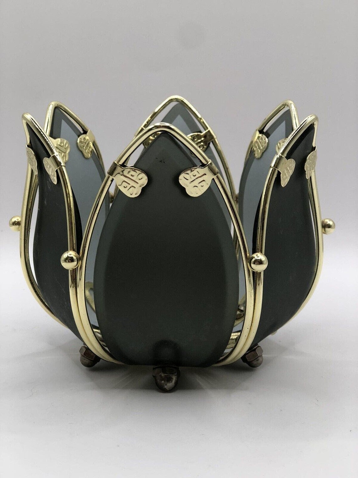 Vintage Mid Century 80s Lotus Glass Candle Tealight Holder Smokey Gray ...