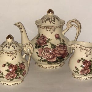 Cottage Core 3 Piece Tea Set Porcelain Pink Rose Pattern Gold Accent - Etsy