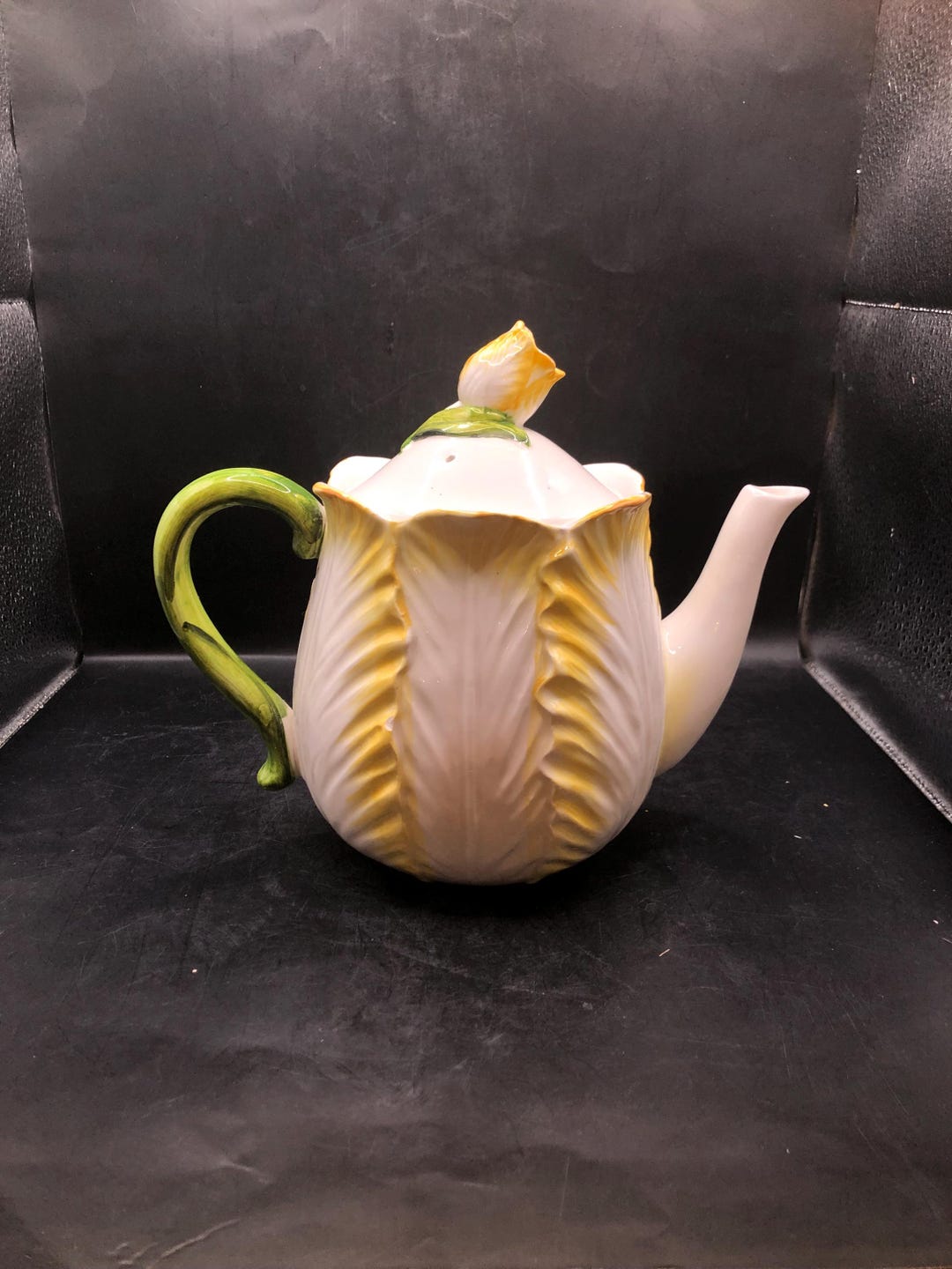 Lefton Teapot Yellow Rose Cabbage Leaves Rare 6735 Green Handle Cottage ...