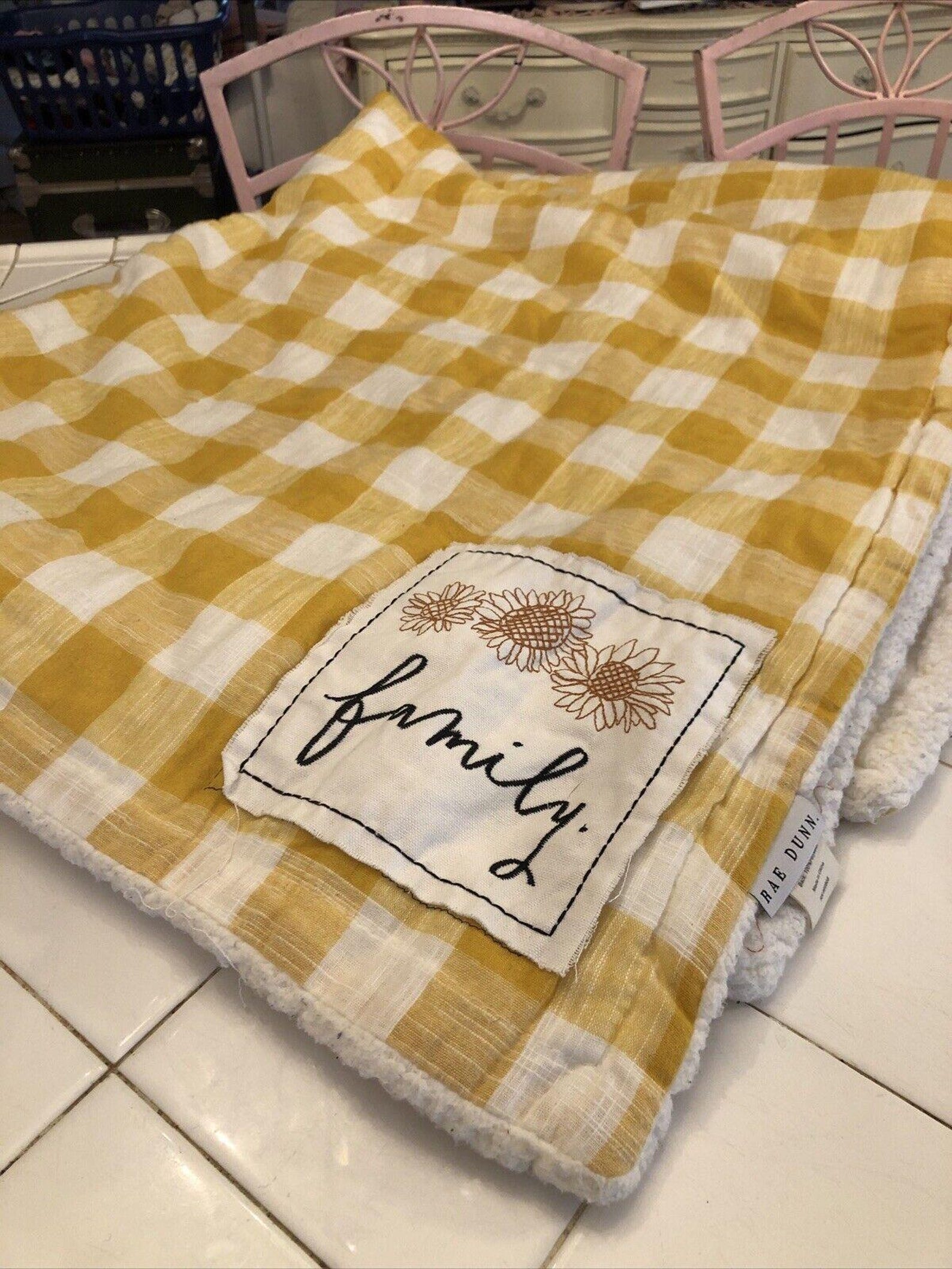 Rae Dunn "family “ Yellow Check & White Fleece 60x48" Throw Sunflower ...