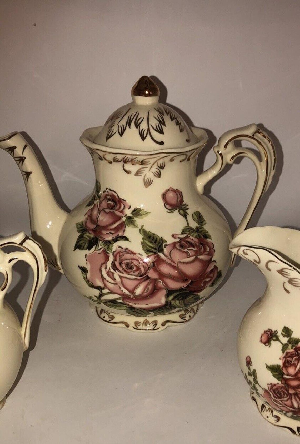 Cottage Core 3 Piece Tea Set Porcelain Pink Rose Pattern Gold Accent - Etsy