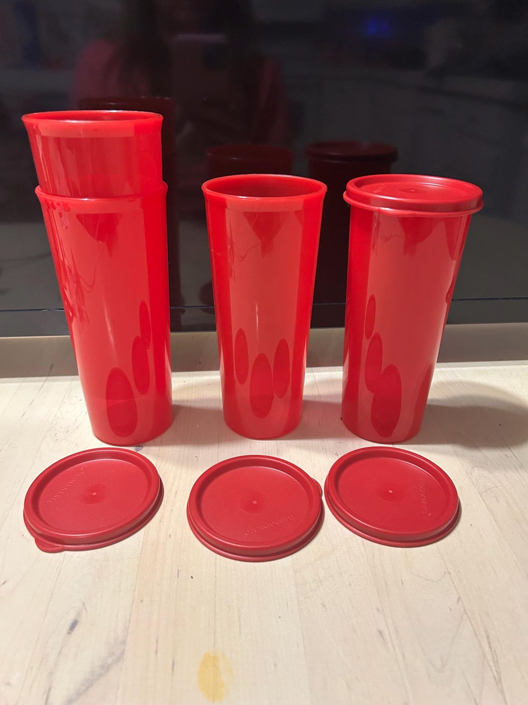 Tupperware Tumblers Straight Side Cups Red Matching Seals 16oz Set of 4 ...