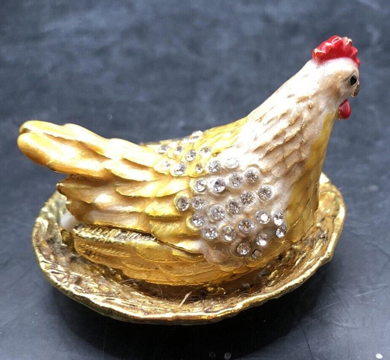 Nesting Gold Jeweled Hen Chicken Eggs Trinket Box Rhinestone Enameled ...