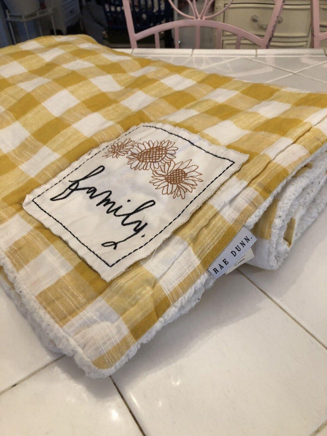 Rae Dunn "family “ Yellow Check & White Fleece 60x48" Throw Sunflower ...