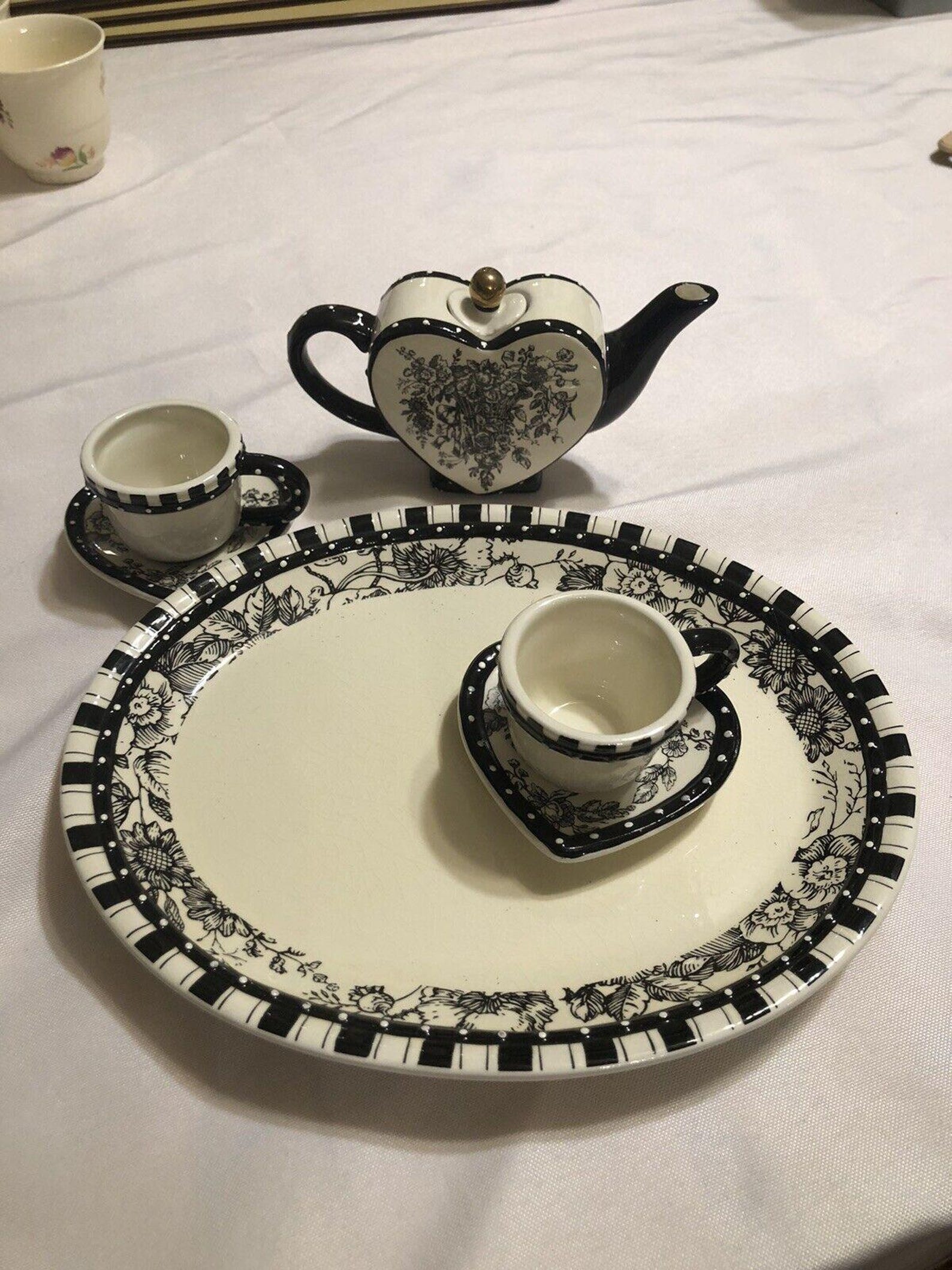 Mud Pie Child's 7 Piece Tea Set Heart Shaped Black & Cream Bridgerton ...