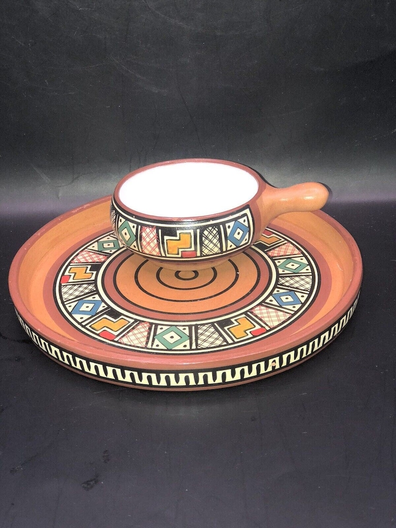 PERUVIAN Peru Hand Painted Plate & Bowl Ceramic Bohemian Condiment ...