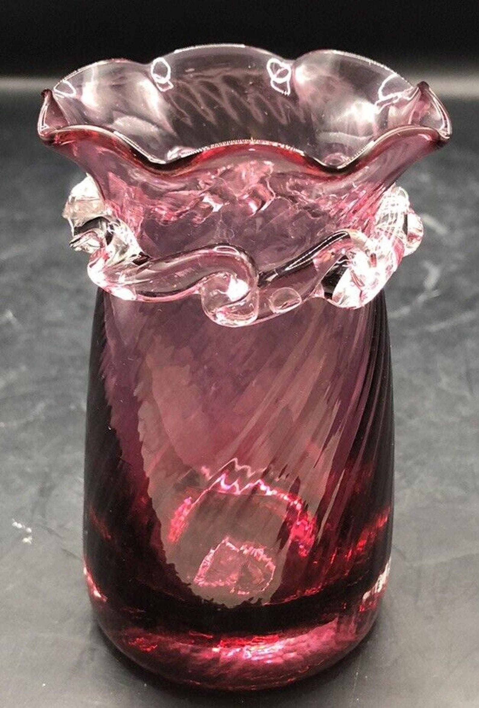 Pilgrim Glass Small Cranberry Vase With Applied Clear Band - Etsy