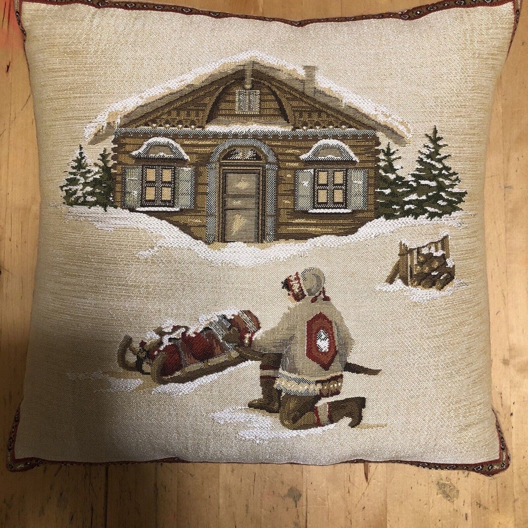 HINES of OXFORD Pillow Cushion Tapestry Snow Cabin Sled Winter Down ...
