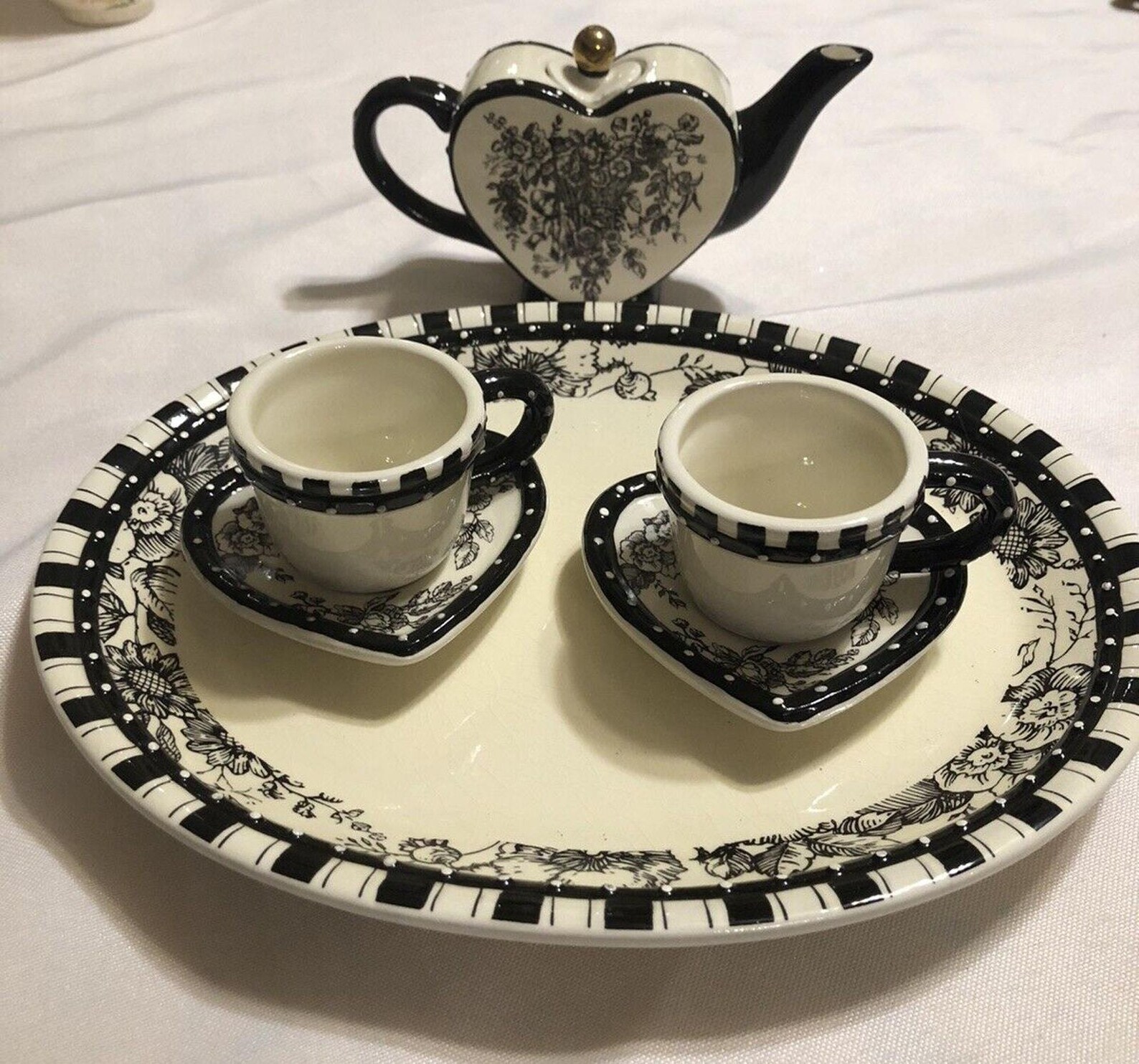 Mud Pie Child's 7 Piece Tea Set Heart Shaped Black & Cream Bridgerton ...