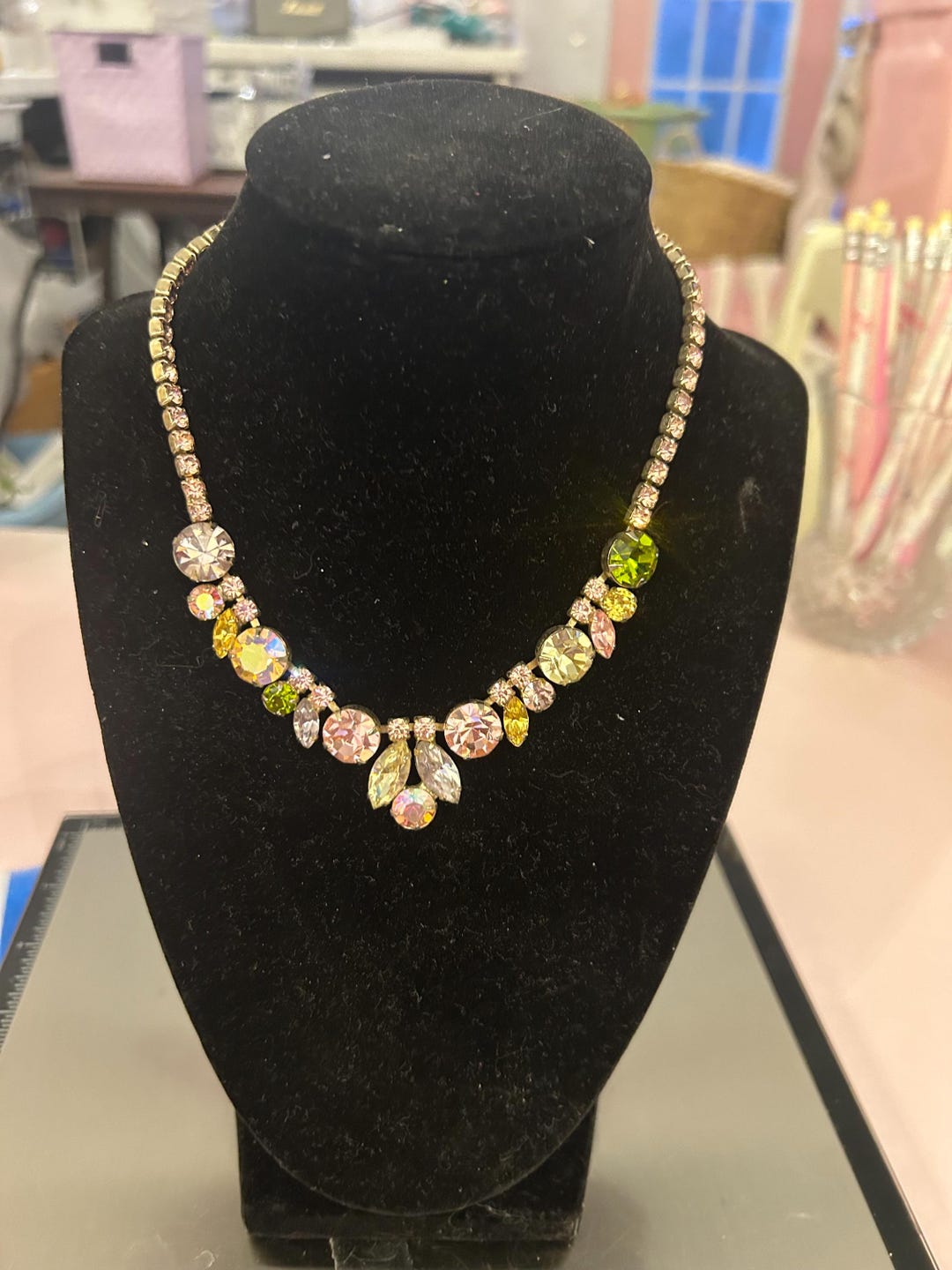 Vintage Weiss Necklace Green Pink Yellow Rhinestone Bib Necklace Spring ...