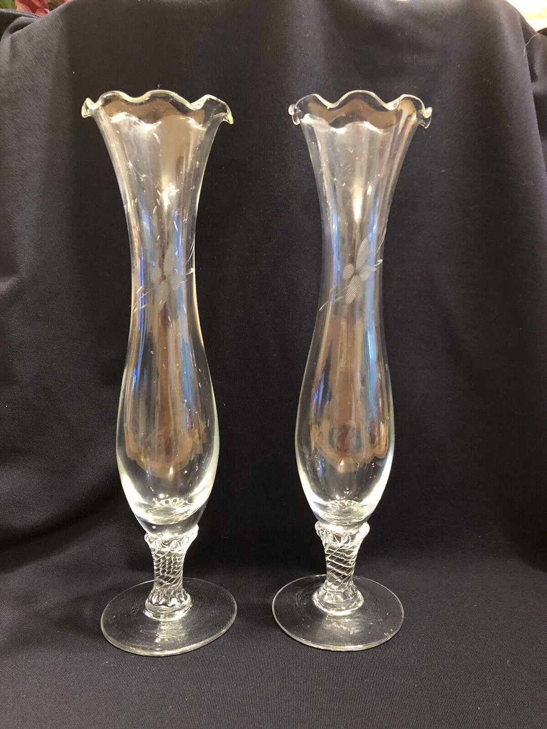 Vintage Fluted Etched Flower Vases 10 Inch Ribbed Top Pedestal - Etsy
