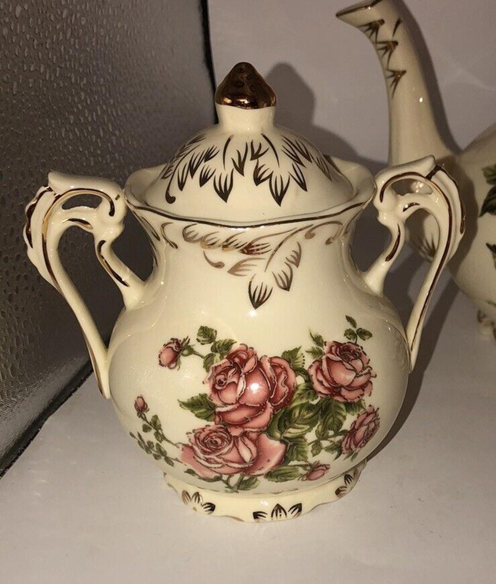 Cottage Core 3 Piece Tea Set Porcelain Pink Rose Pattern Gold Accent - Etsy