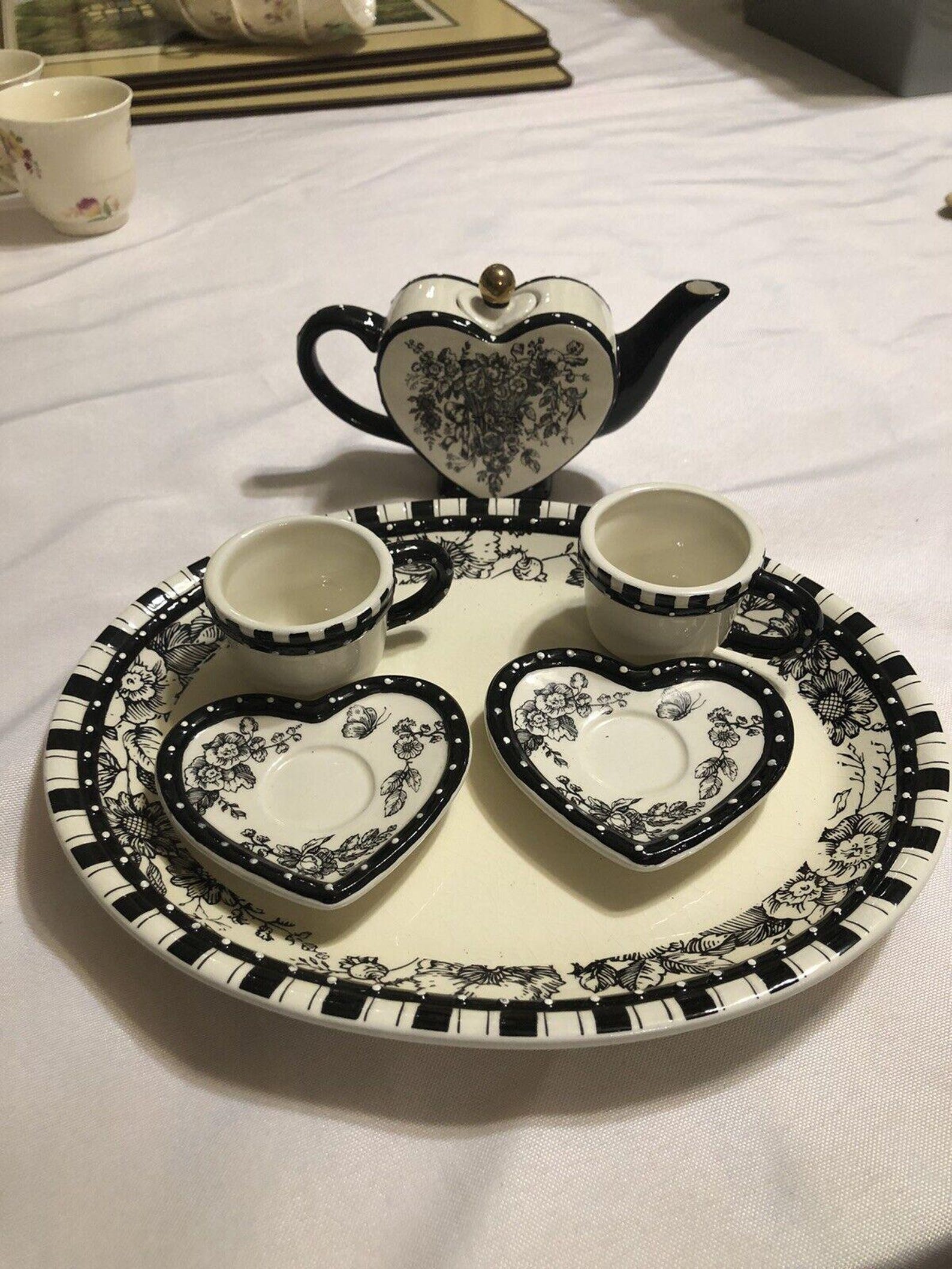 Mud Pie Child's 7 Piece Tea Set Heart Shaped Black & Cream Bridgerton ...