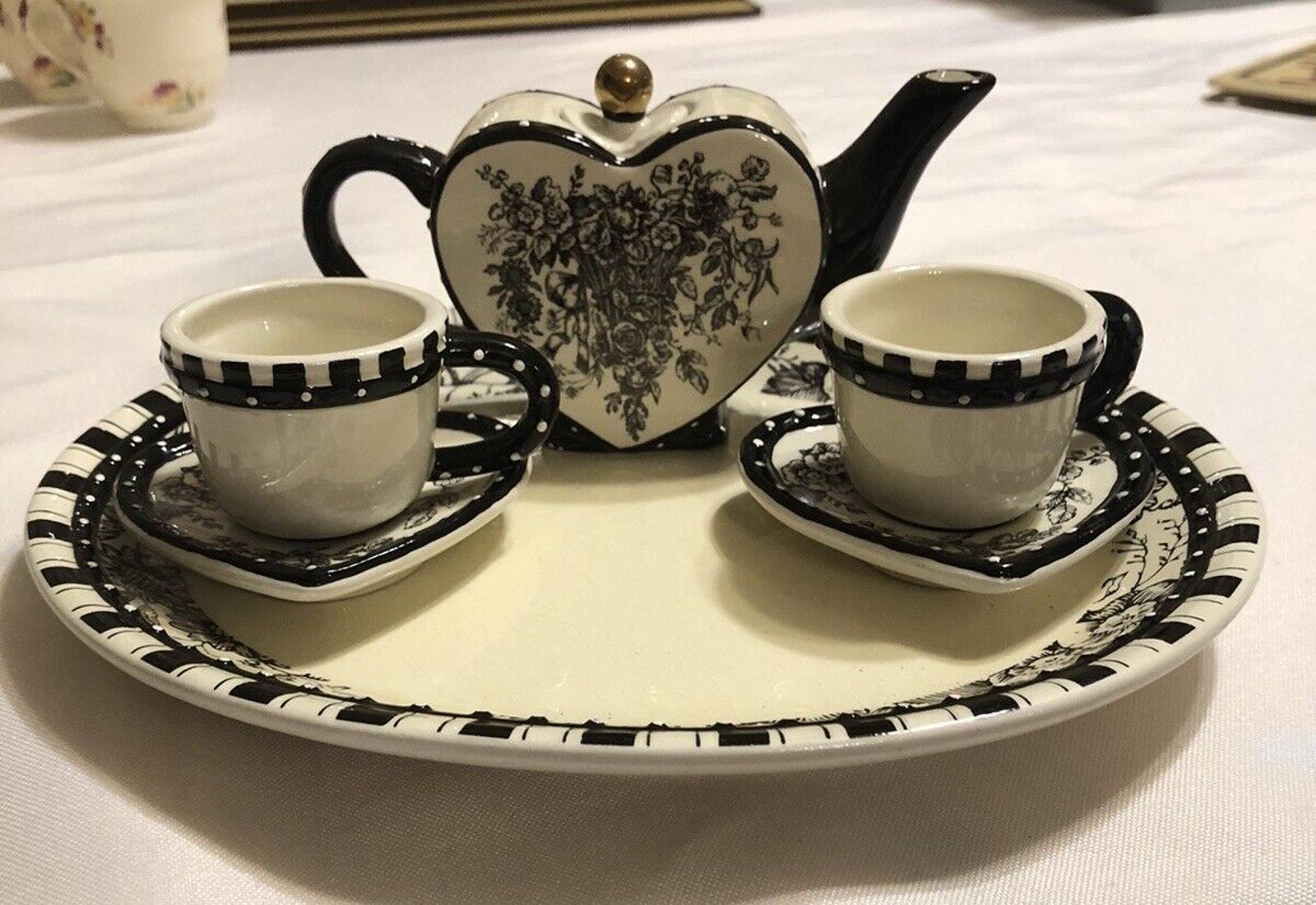 Mud Pie Child's 7 Piece Tea Set Heart Shaped Black & Cream Bridgerton ...