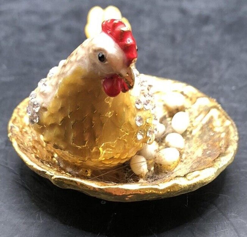 Nesting Gold Jeweled Hen Chicken Eggs Trinket Box Rhinestone Enameled ...