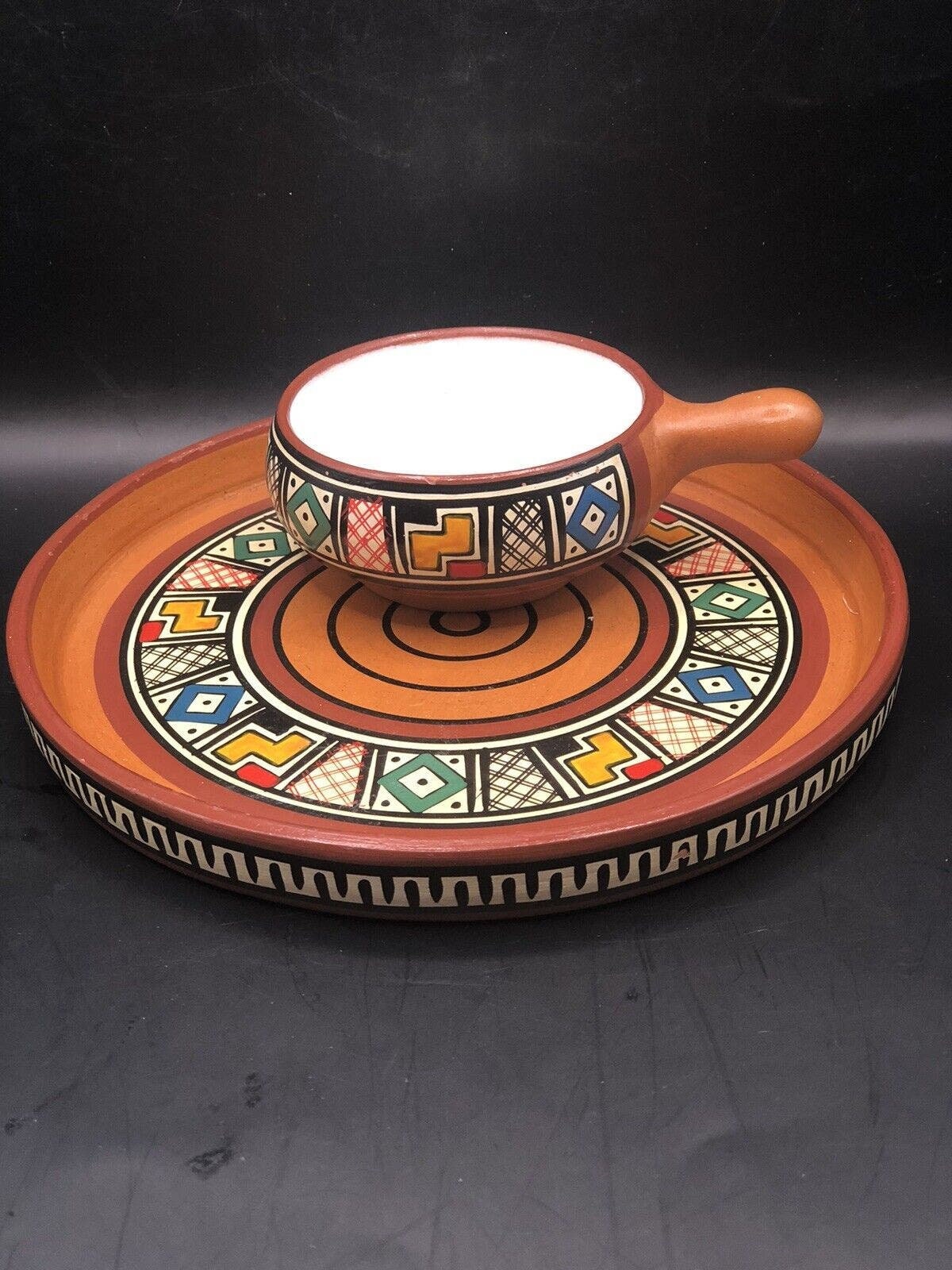PERUVIAN Peru Hand Painted Plate & Bowl Ceramic Bohemian Condiment ...