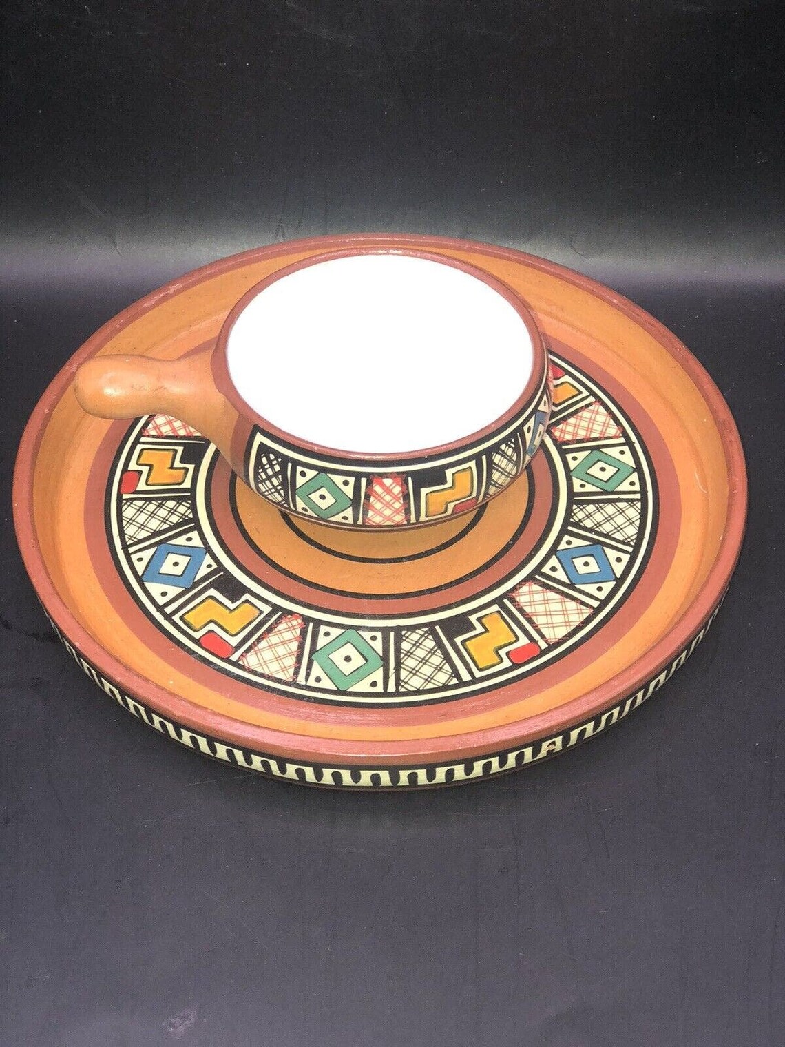 PERUVIAN Peru Hand Painted Plate & Bowl Ceramic Bohemian Condiment ...
