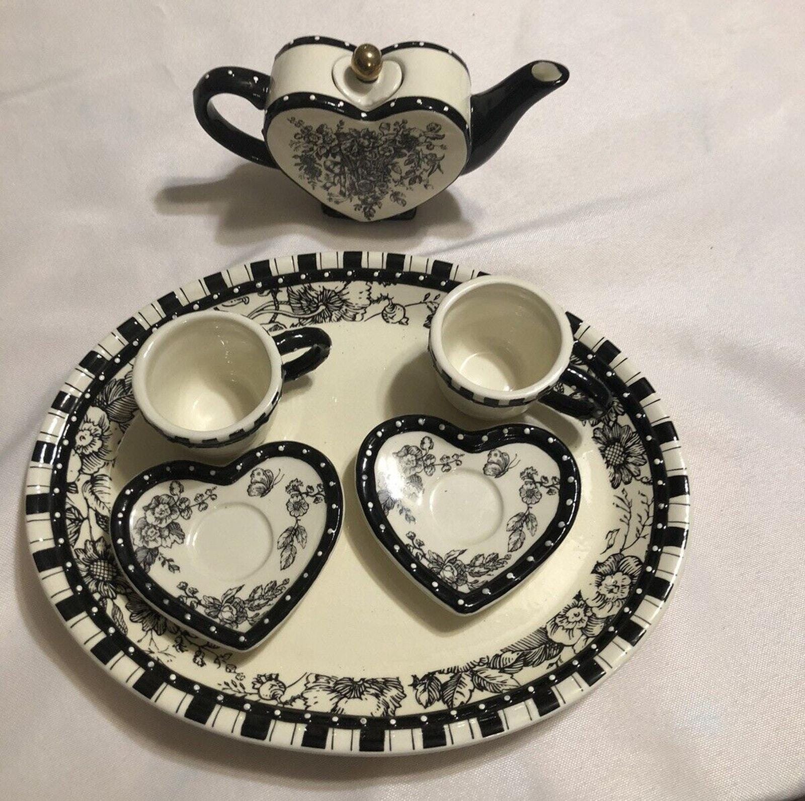 Mud Pie Child's 7 Piece Tea Set Heart Shaped Black & Cream Bridgerton ...