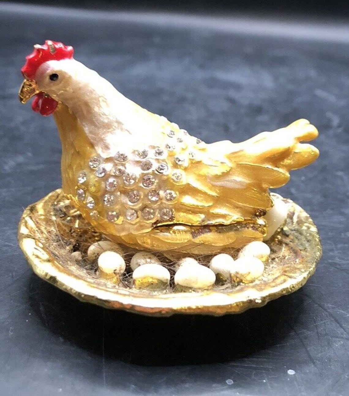 Nesting Gold Jeweled Hen Chicken Eggs Trinket Box Rhinestone Enameled ...