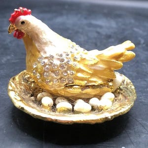 Nesting Gold Jeweled Hen Chicken Eggs Trinket Box Rhinestone Enameled ...