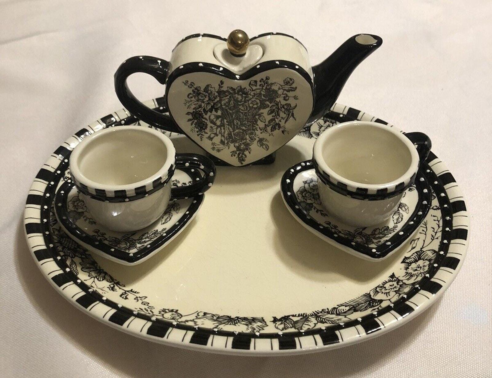 Mud Pie Child's 7 Piece Tea Set Heart Shaped Black & Cream Bridgerton ...