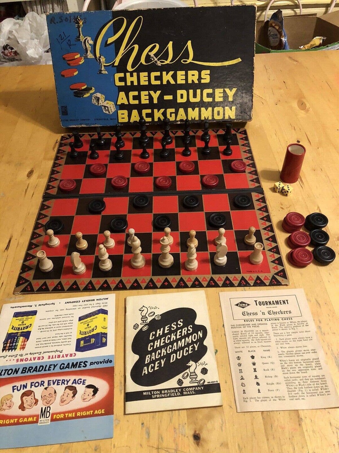 Vintage 1944 Games Chess Checkers Acey Ducey Backgammon M Bradley USA ...