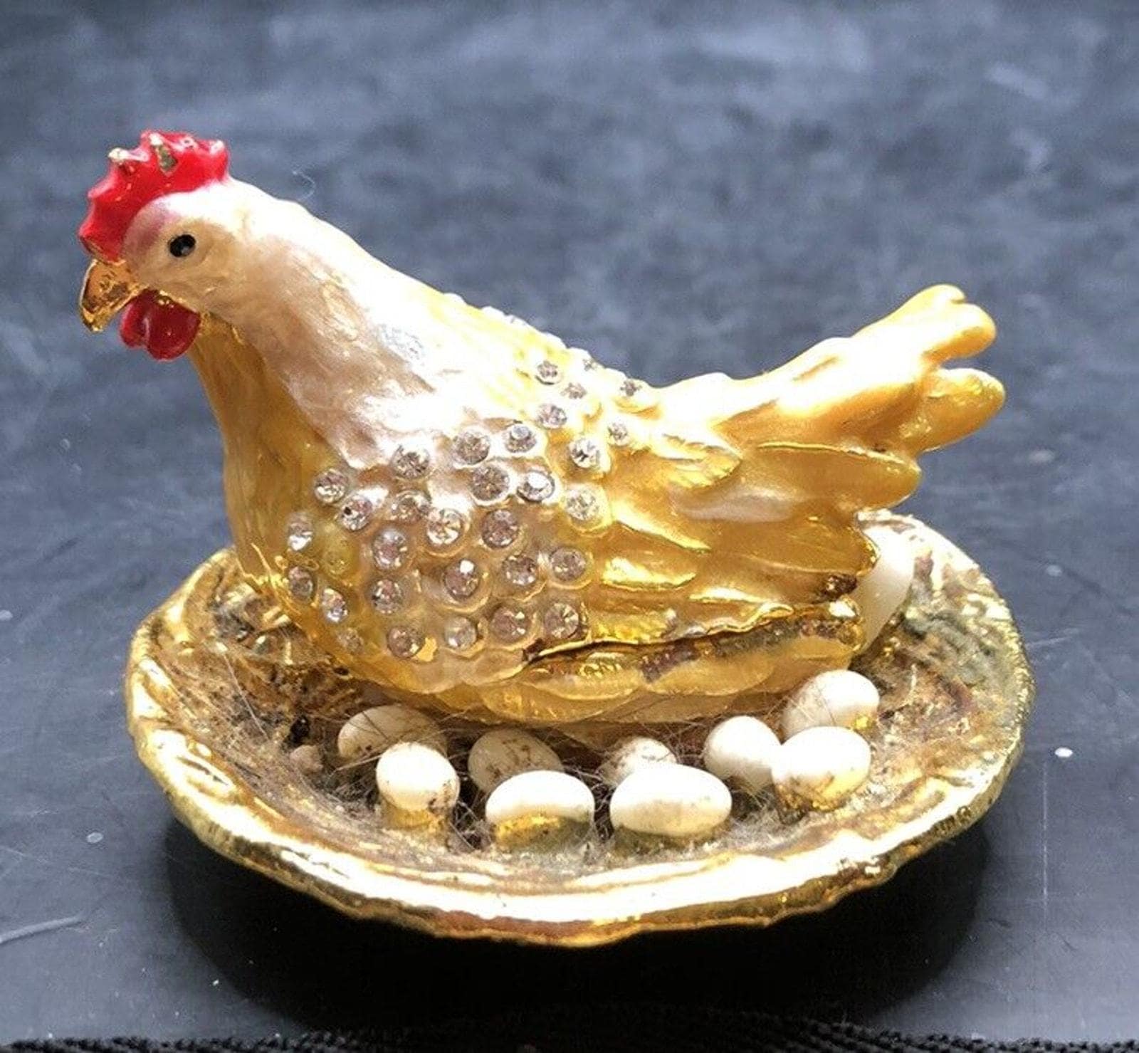 Nesting Gold Jeweled Hen Chicken Eggs Trinket Box Rhinestone Enameled ...