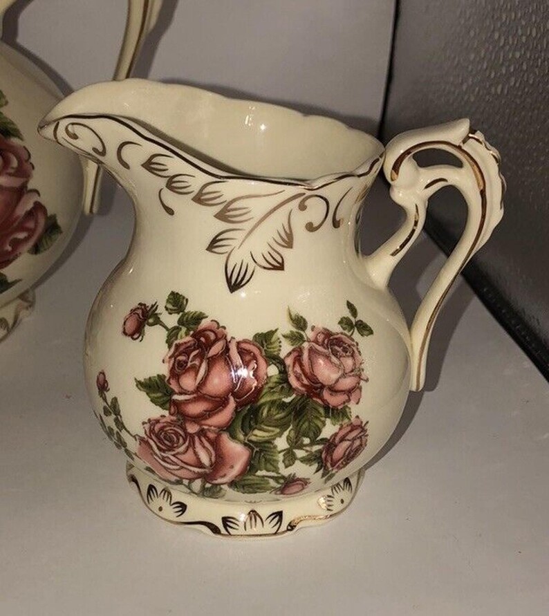 Cottage Core 3 Piece Tea Set Porcelain Pink Rose Pattern Gold Accent - Etsy