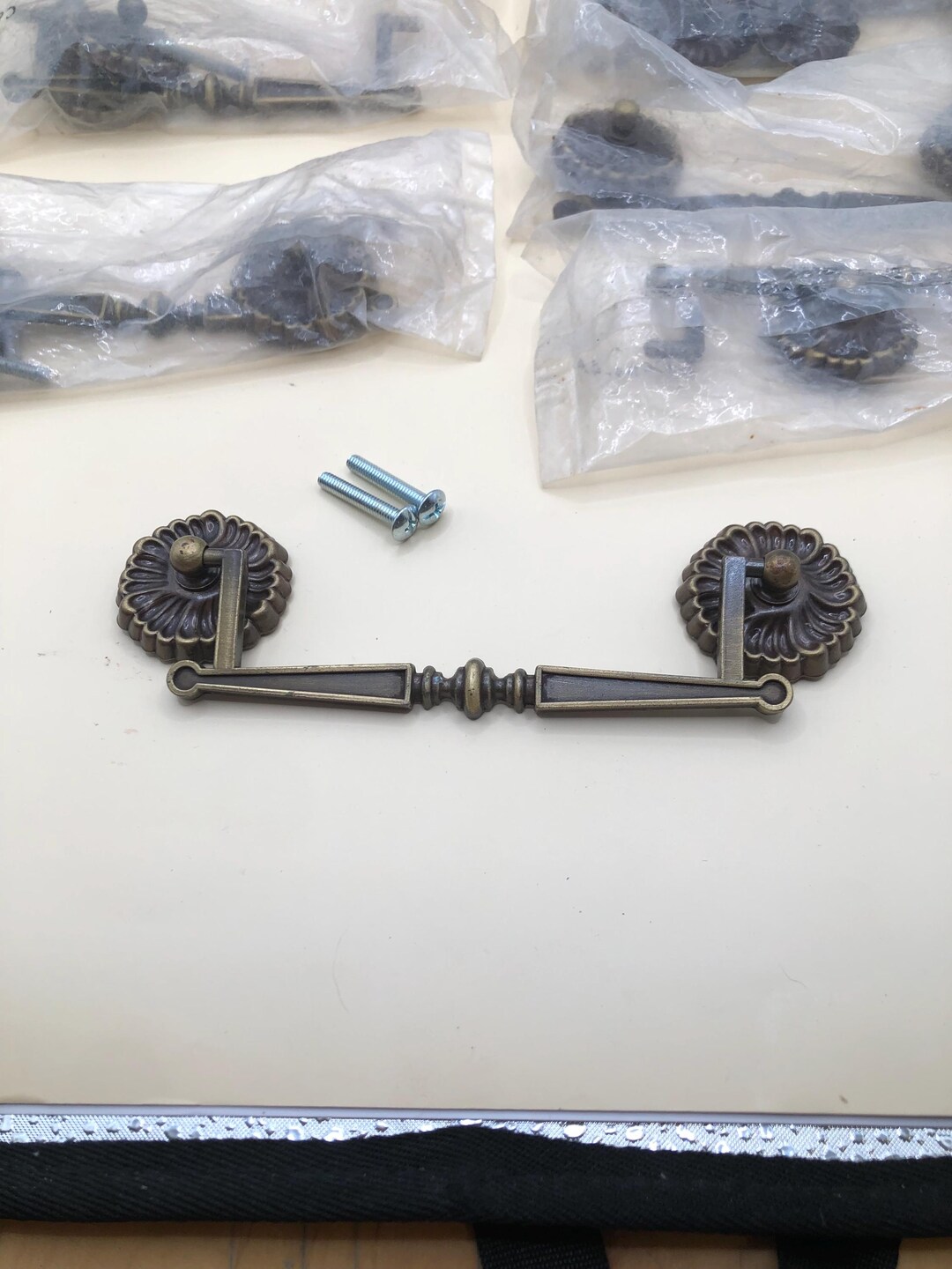 Vtg Antiqued Gold Square Drop Bail Pull Rosettes MCM French Provincial ...
