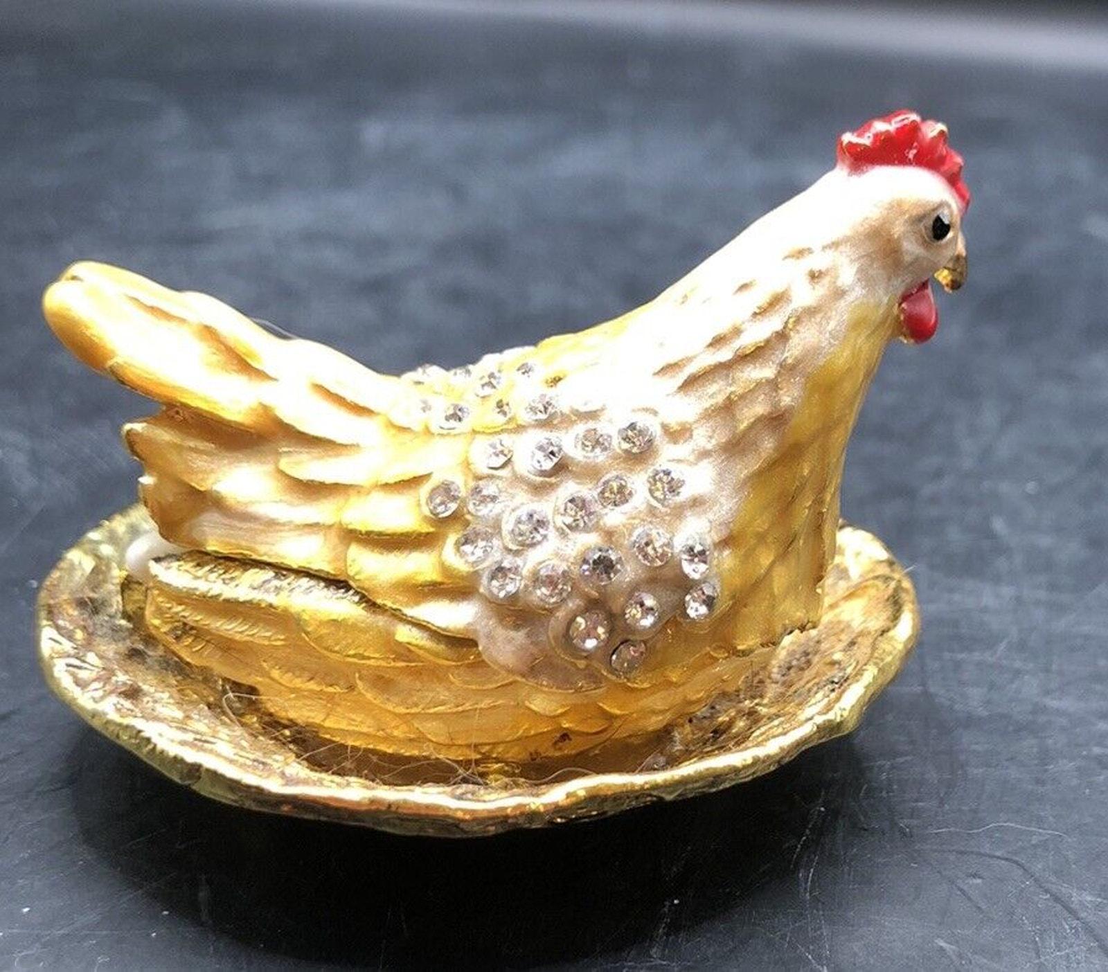 Nesting Gold Jeweled Hen Chicken Eggs Trinket Box Rhinestone Enameled ...