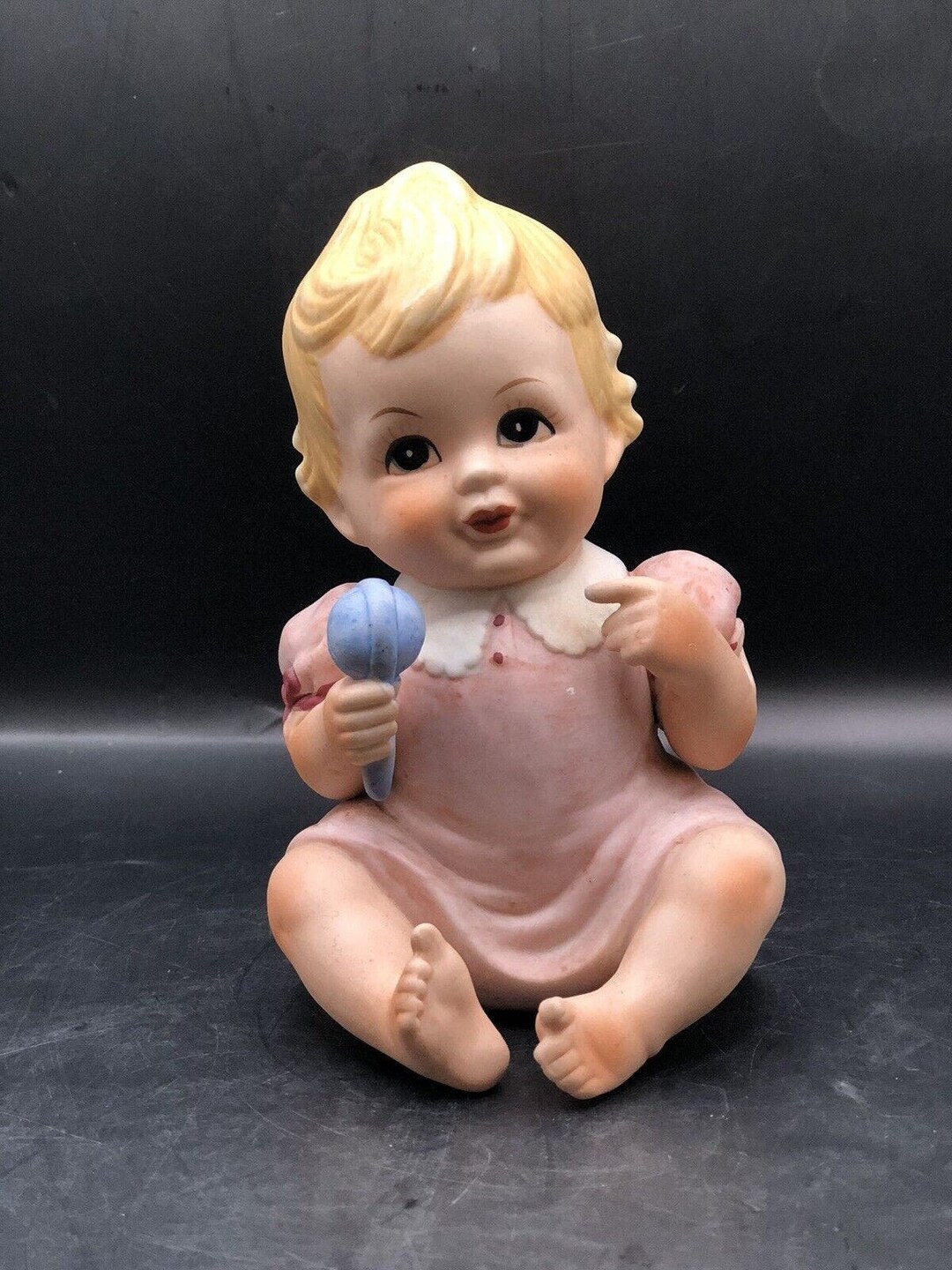 Vintage Royal Crown Piano Baby Porcelain Girl in Pink Dress With Blue ...