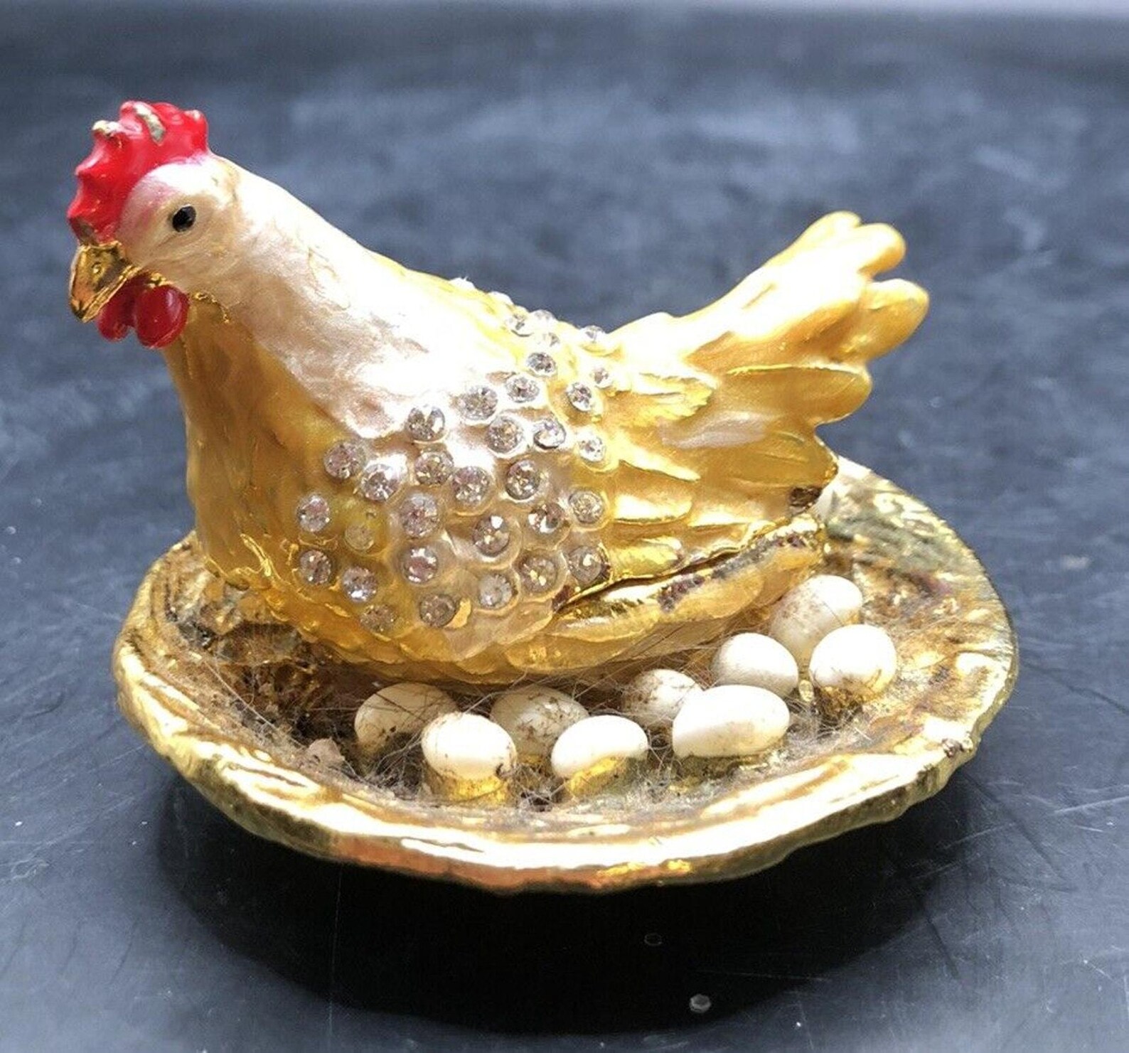 Nesting Gold Jeweled Hen Chicken Eggs Trinket Box Rhinestone Enameled ...