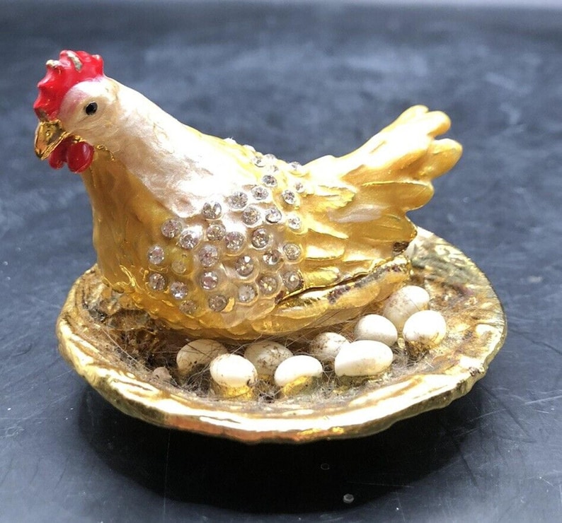 Nesting Gold Jeweled Hen Chicken Eggs Trinket Box Rhinestone Enameled ...
